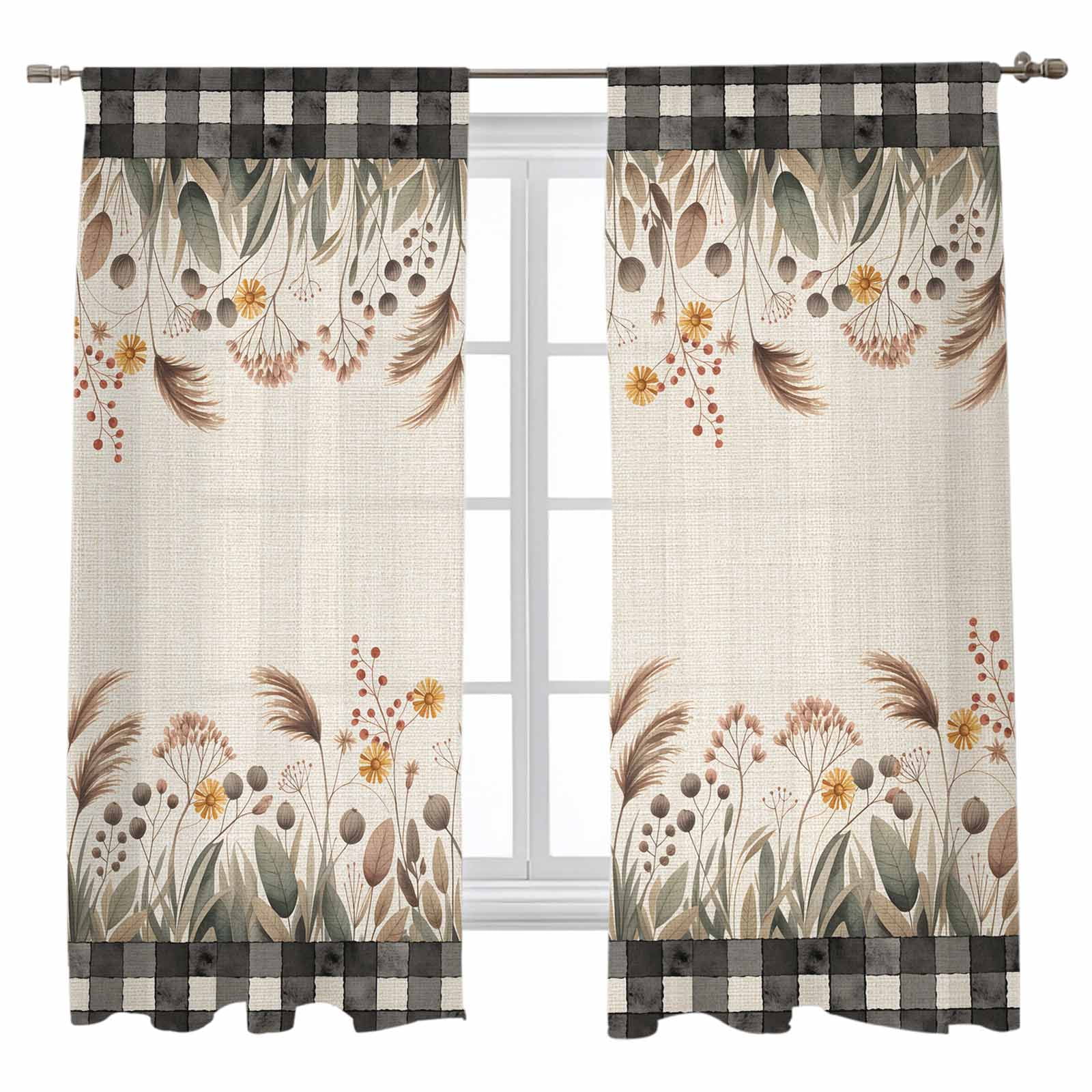 Fall Orange Foxtail Sheer Curtains 63 inches Long, Daisy Leaf Watercolor Wildflower Linen Light ...