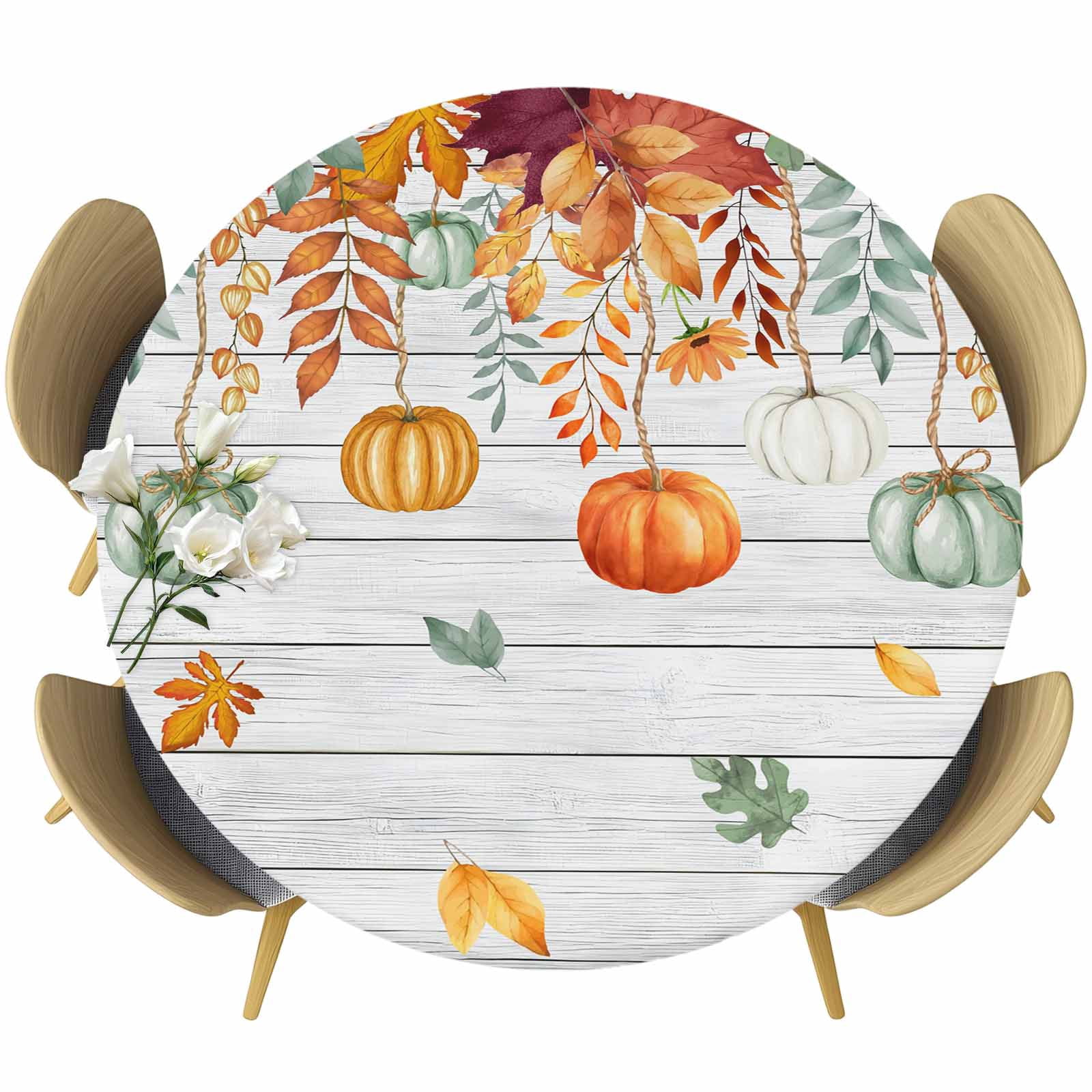 Fall Orange Green Pumpkins Round Tablecloth, Fitted Table Cover with ...