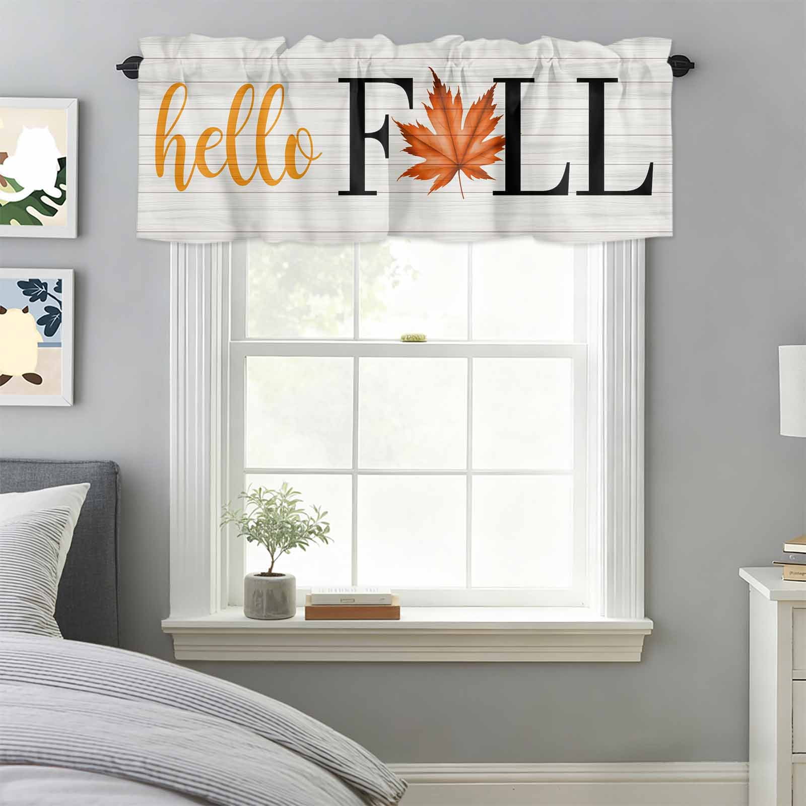 Fall Orange Maple Leaf Farm Retro Wood Grain Valances for Windows,Rod ...