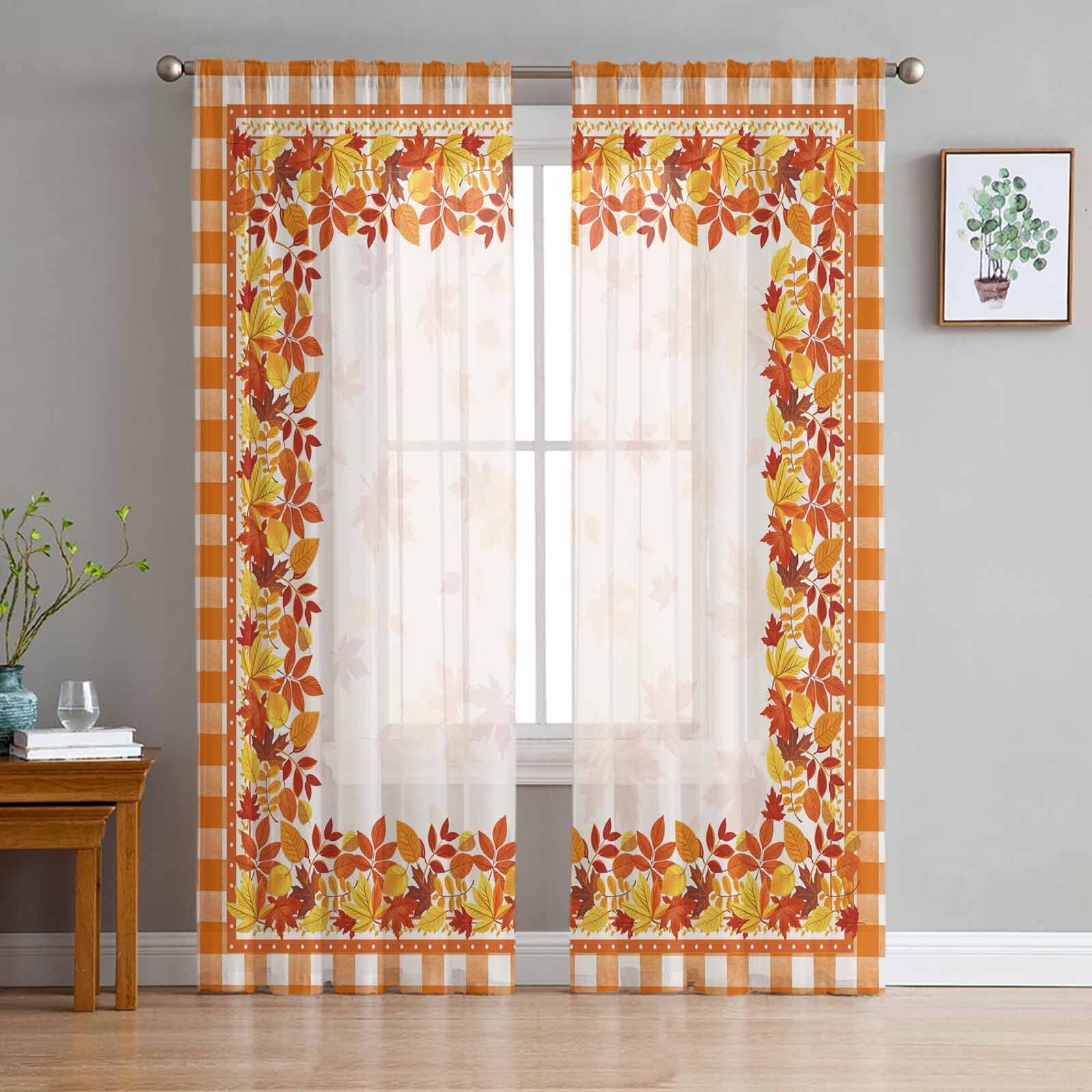 Fall Orange Maple Leaves Sheer Curtains 84 Inches Long 2 Panels Set ...