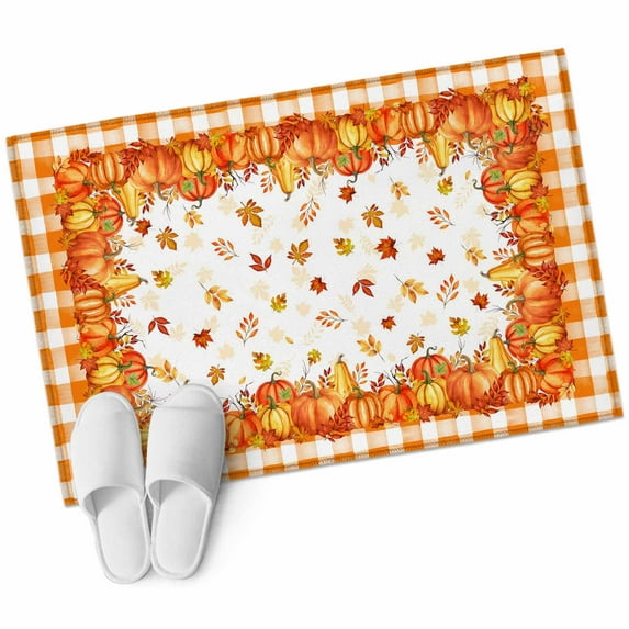 Fall Orange Pumpkin 2'x3' Rug, Thanksgiving Maple Leaf Plaid Check Non ...