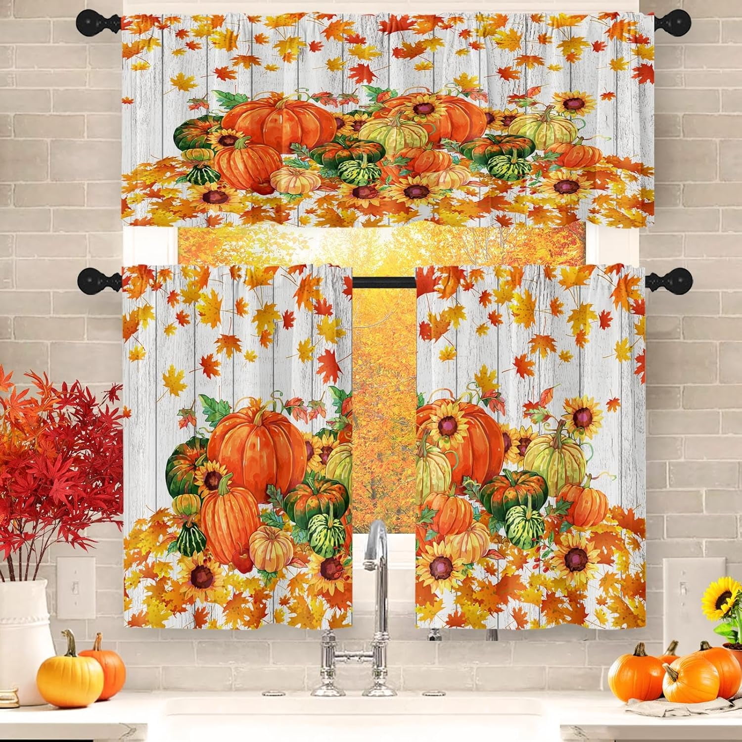Fall Orange Pumpkin Kitchen Window Curtains Valance and Tier Set 36 ...