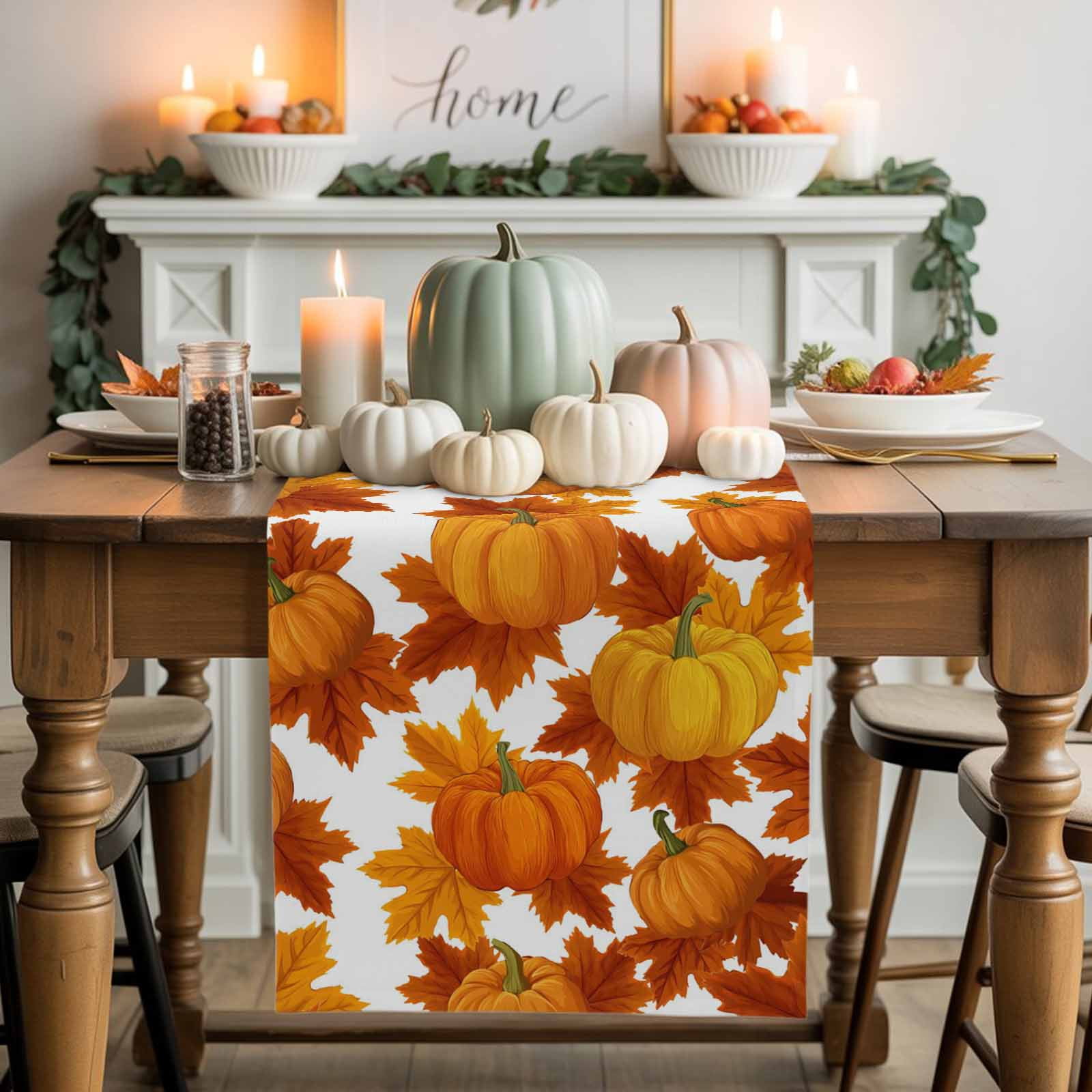 Fall Orange Pumpkin Table Runner, Autumn Thanksgiving Kitchen Dining ...