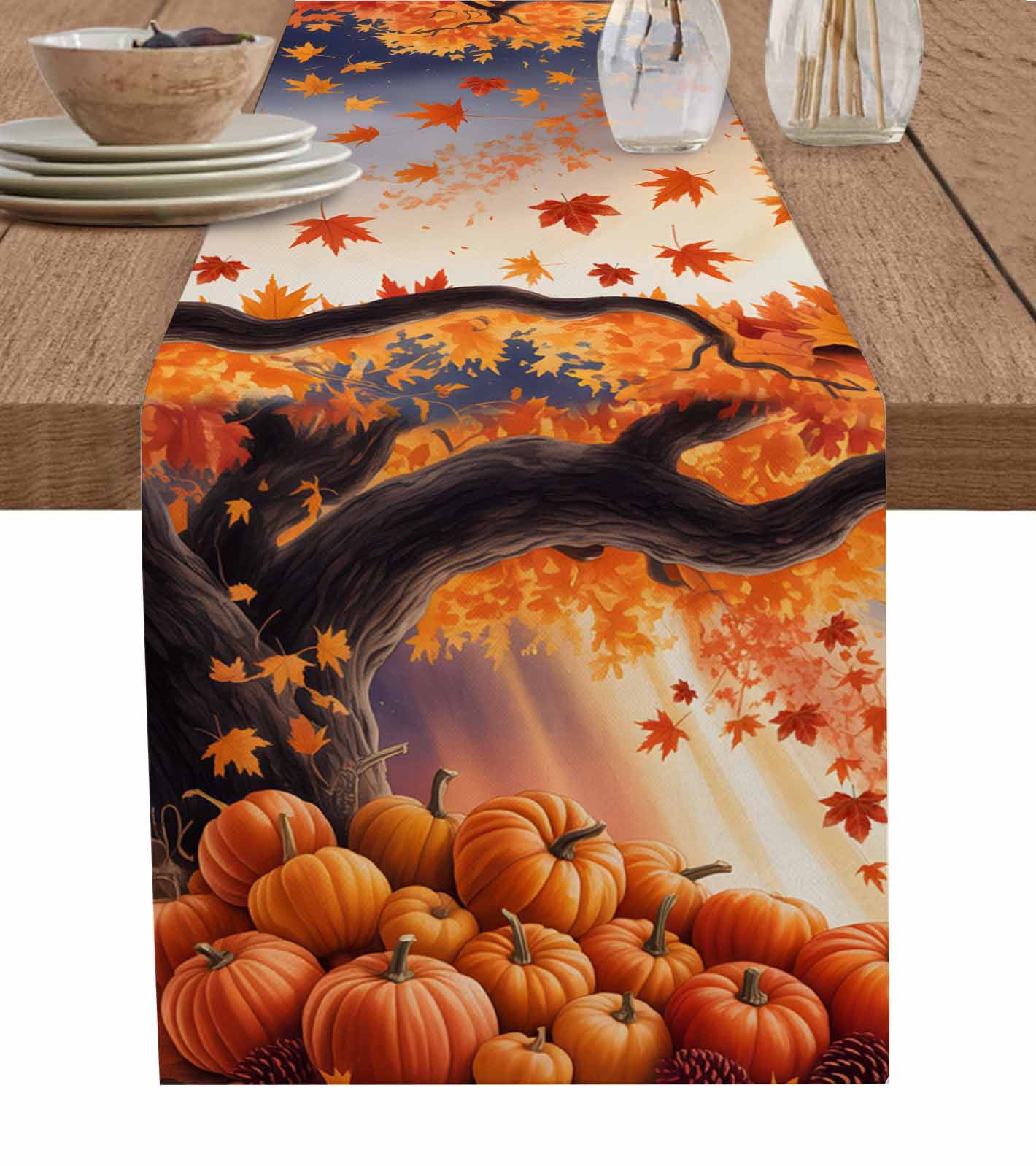 Fall Orange Pumpkins Burlap Cotton Table Runner 13x120 Inches Long, Thanksgiving Maple Leaves ...