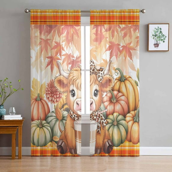 Fall Orange Pumpkins Sheer Curtains 72 Inches Long 2 Panels Set, Window ...