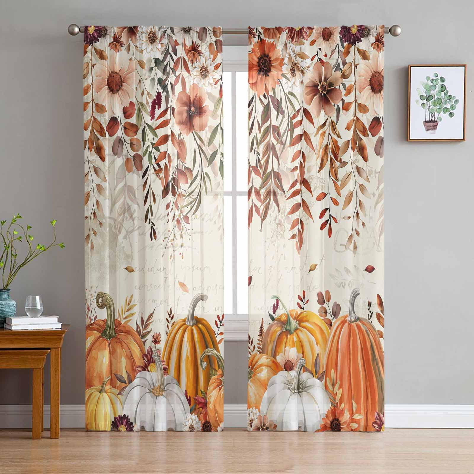 Fall Orange Pumpkins Sheer Curtains 84 Inches Long 2 Panels Set, Window ...