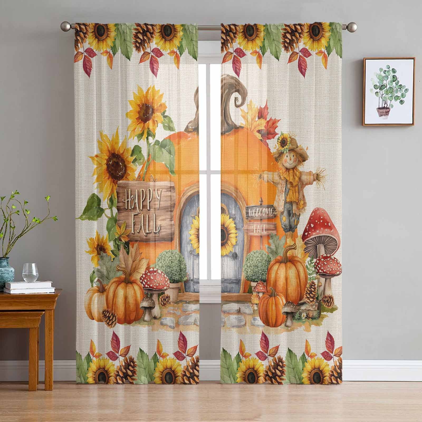 Fall Orange Pumpkins Sheer Curtains 96 Inches Long 2 Panels Set, Window ...