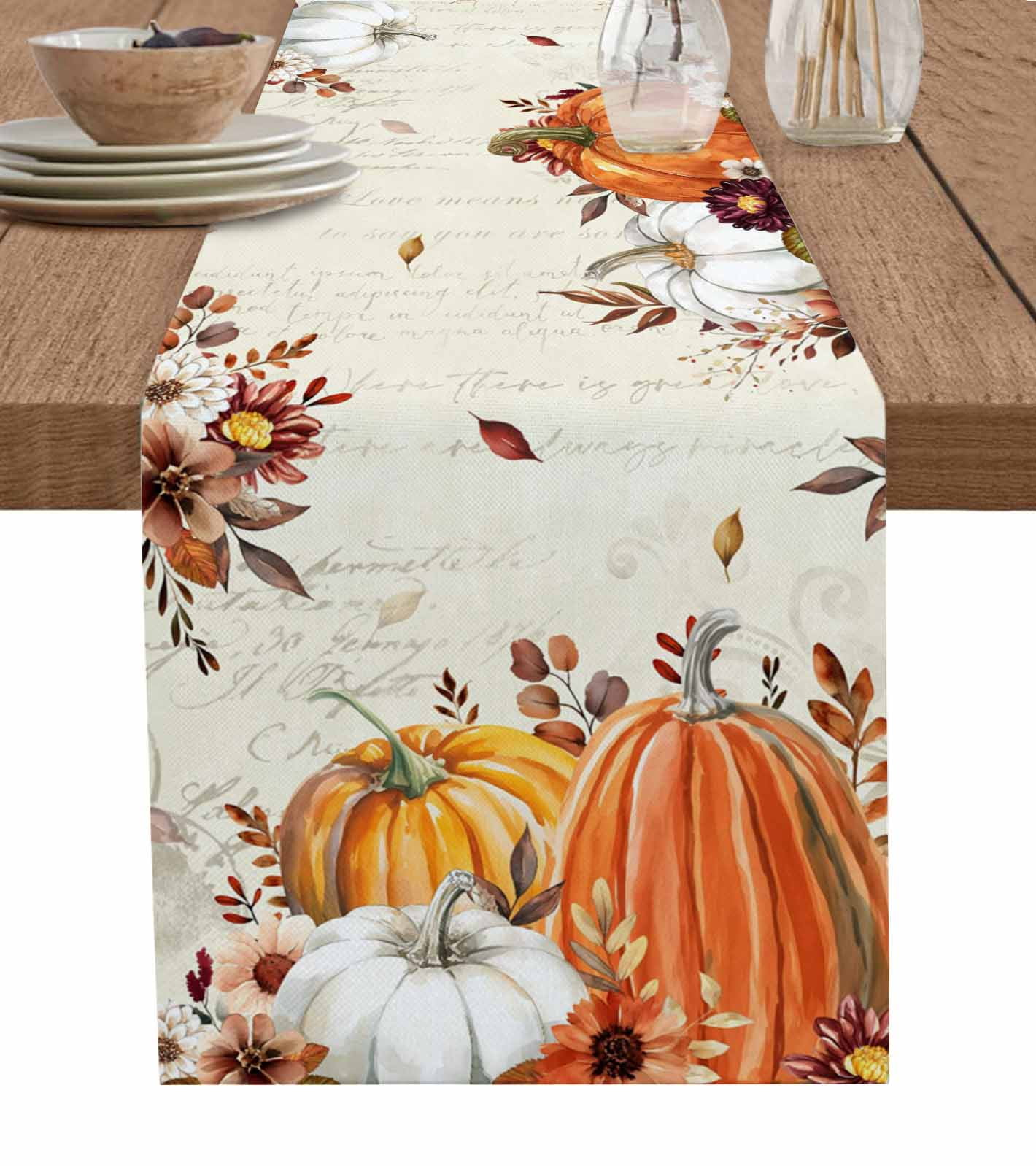 Fall Orange Pumpkins Table Runner 90 Inches, Thanksgiving Floral Maple ...