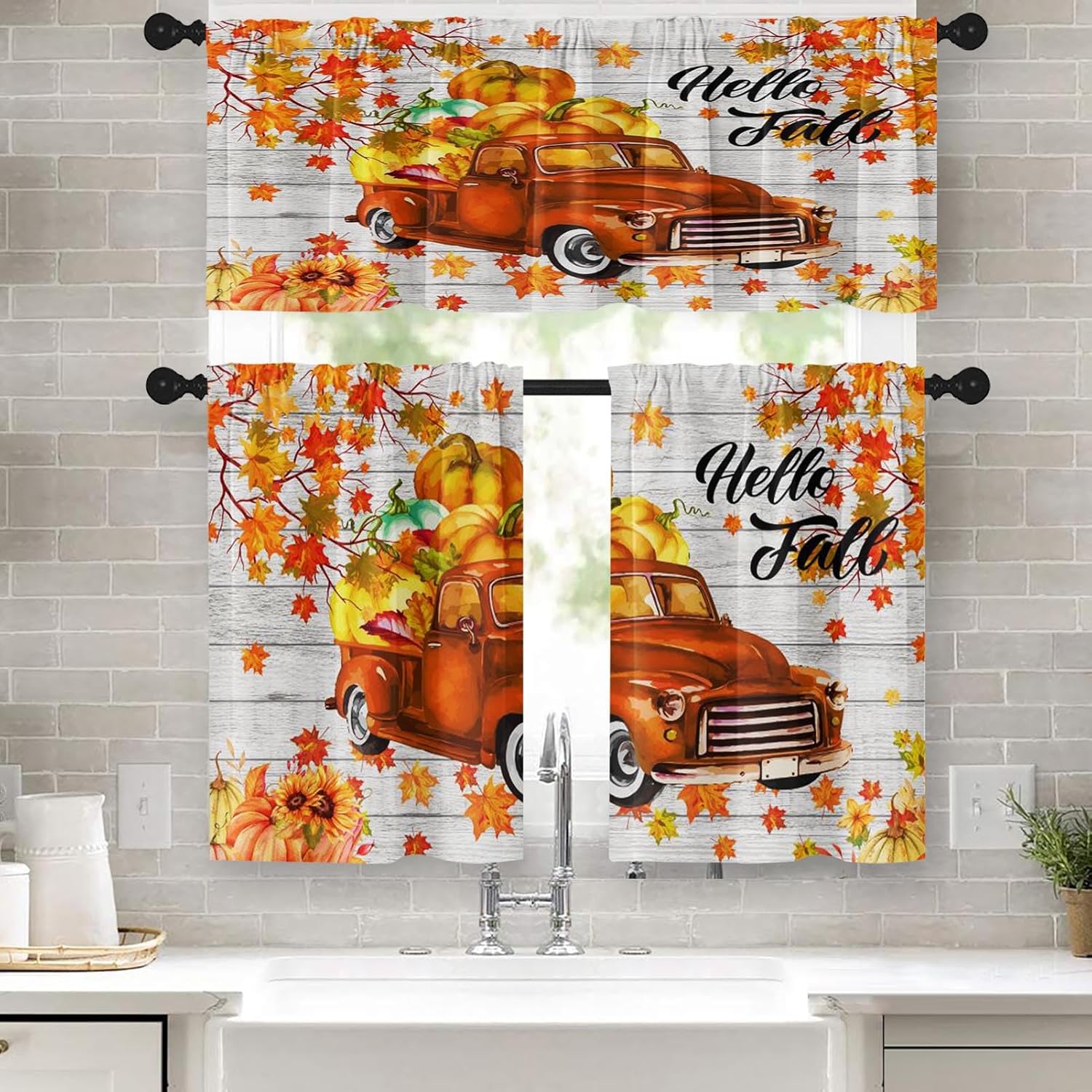Fall Orange Truck Pimpkin Kitchen Window Curtains Valance and Tier Set ...