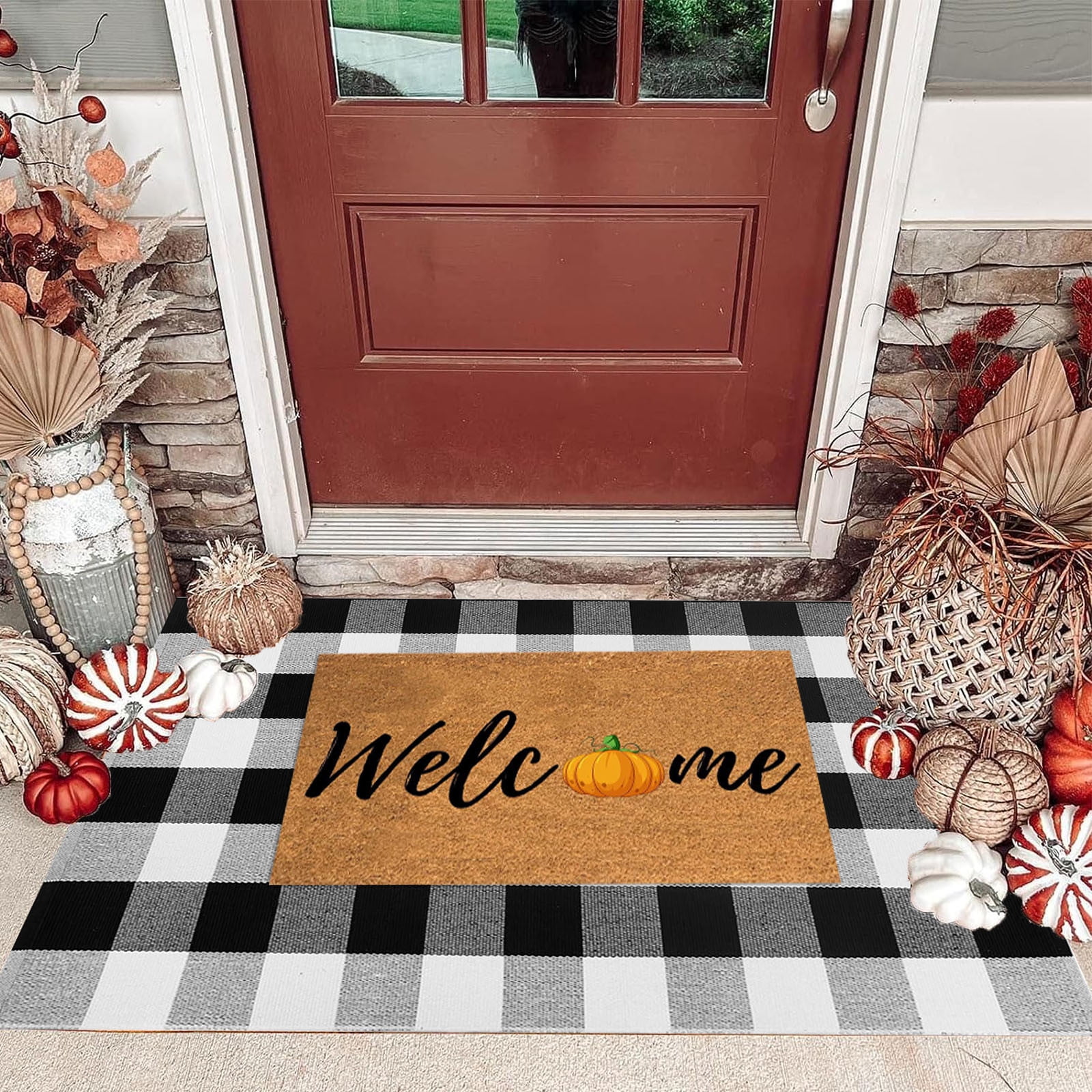 Fall Outdoor Rug Plaid, Washable Cotton Fall Door Mat, Reversible ...