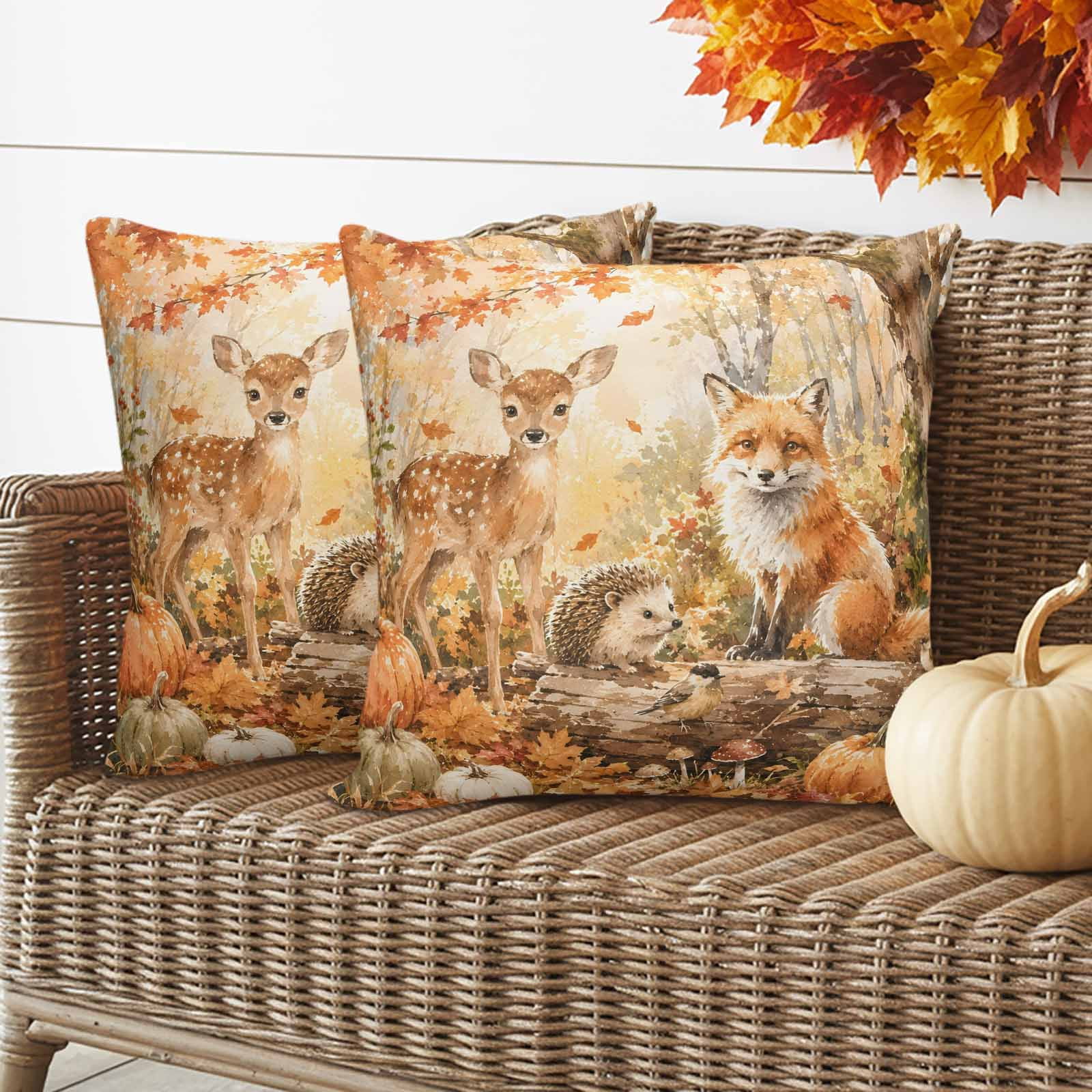 Fall Outdoor Waterproof Pillow Covers Set of 2, Fawn Deer Red Fox ...