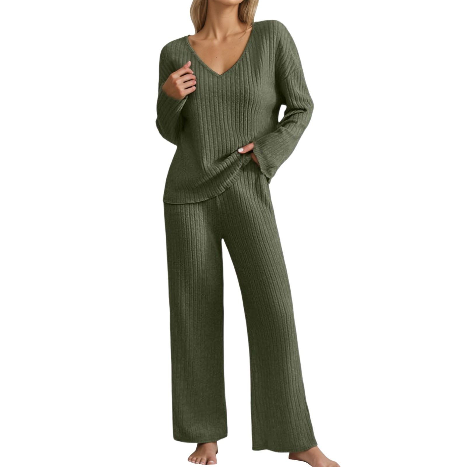 Fall Outfits for Women 2 Piece Lounge Sets Ribbed Knit Long Sleeve V ...