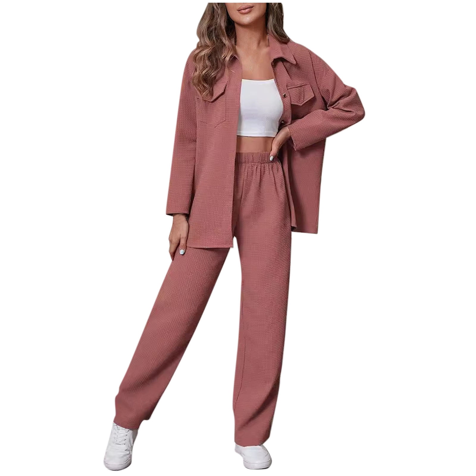 Fall Outfits for Women Two Piece - Waffle Knit Womens Long Sleeve ...