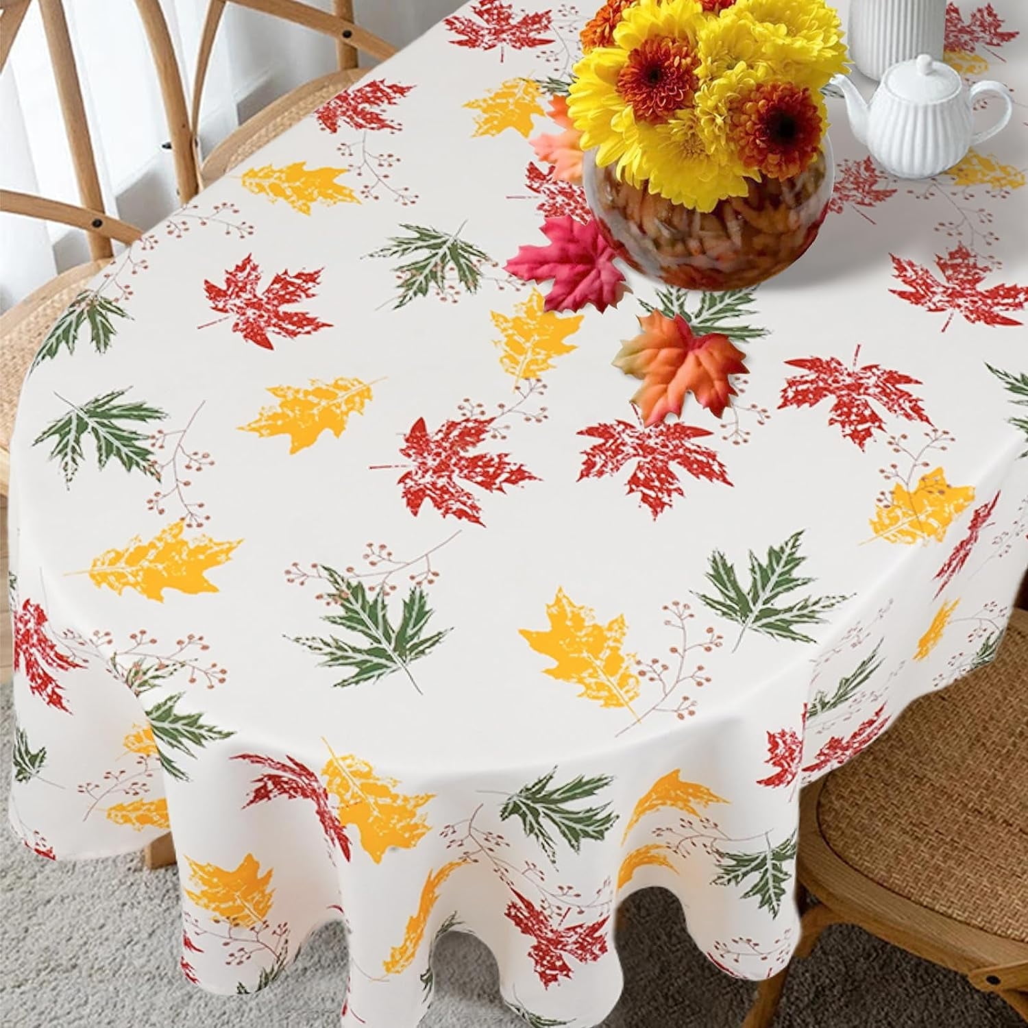 Fall Oval Tablecloth with Pumpkings and Leaves, Easy Care Waterproof ...