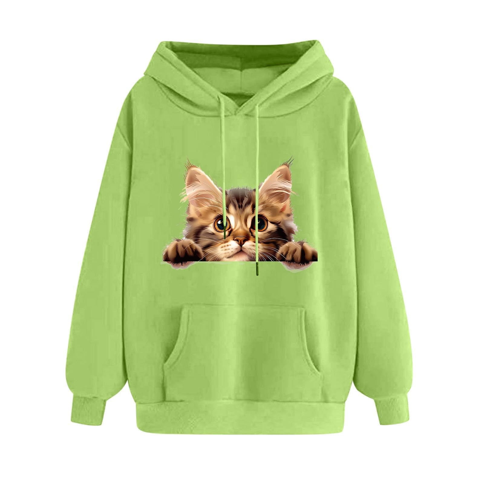 Fall Oversize Hoodies For Women Cute Cartoon Cat Graphic Print Long ...