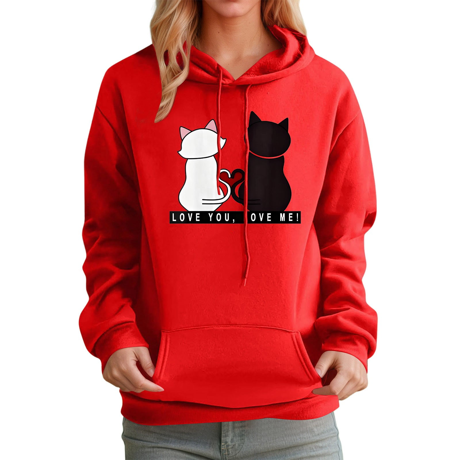 Fall Oversize Hoodies For Women Cute Cartoon Cat Heart Graphic Long ...