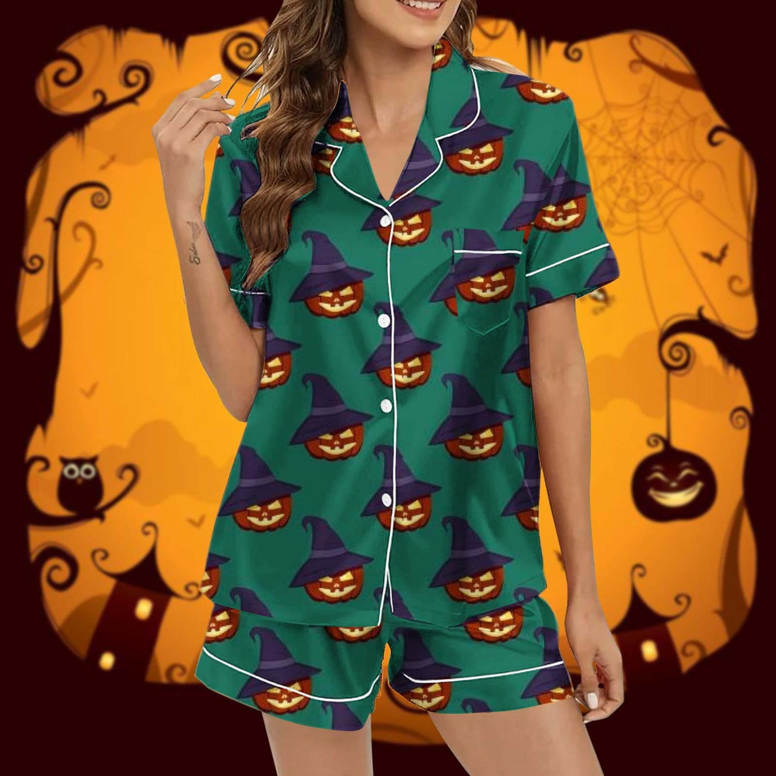 Fall Pajamas Women Halloween Graphic Satin Button Down Short Sleeve Top ...