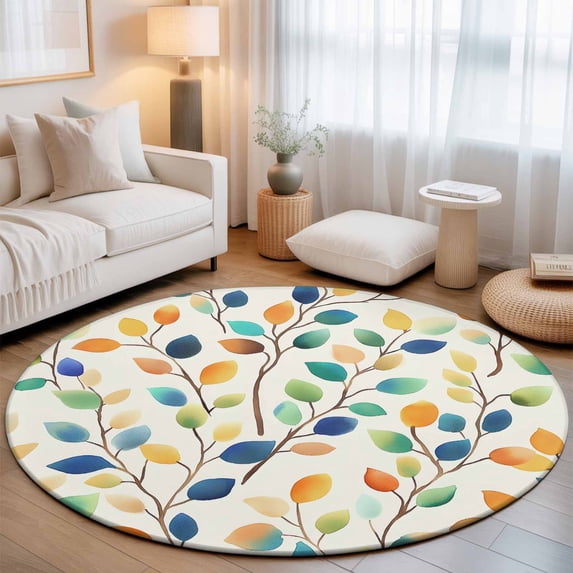 Fall Pastoral Colorful Leaves Round Rug 5ft Watercolor Botanical Branch ...