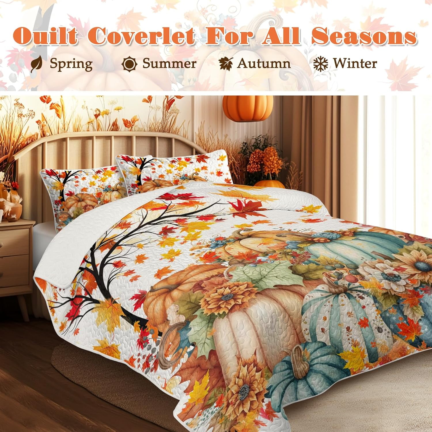 Fall Pattern Quilt Sets with 2 Pillowcases (Pumpkin Flower, Queen ...