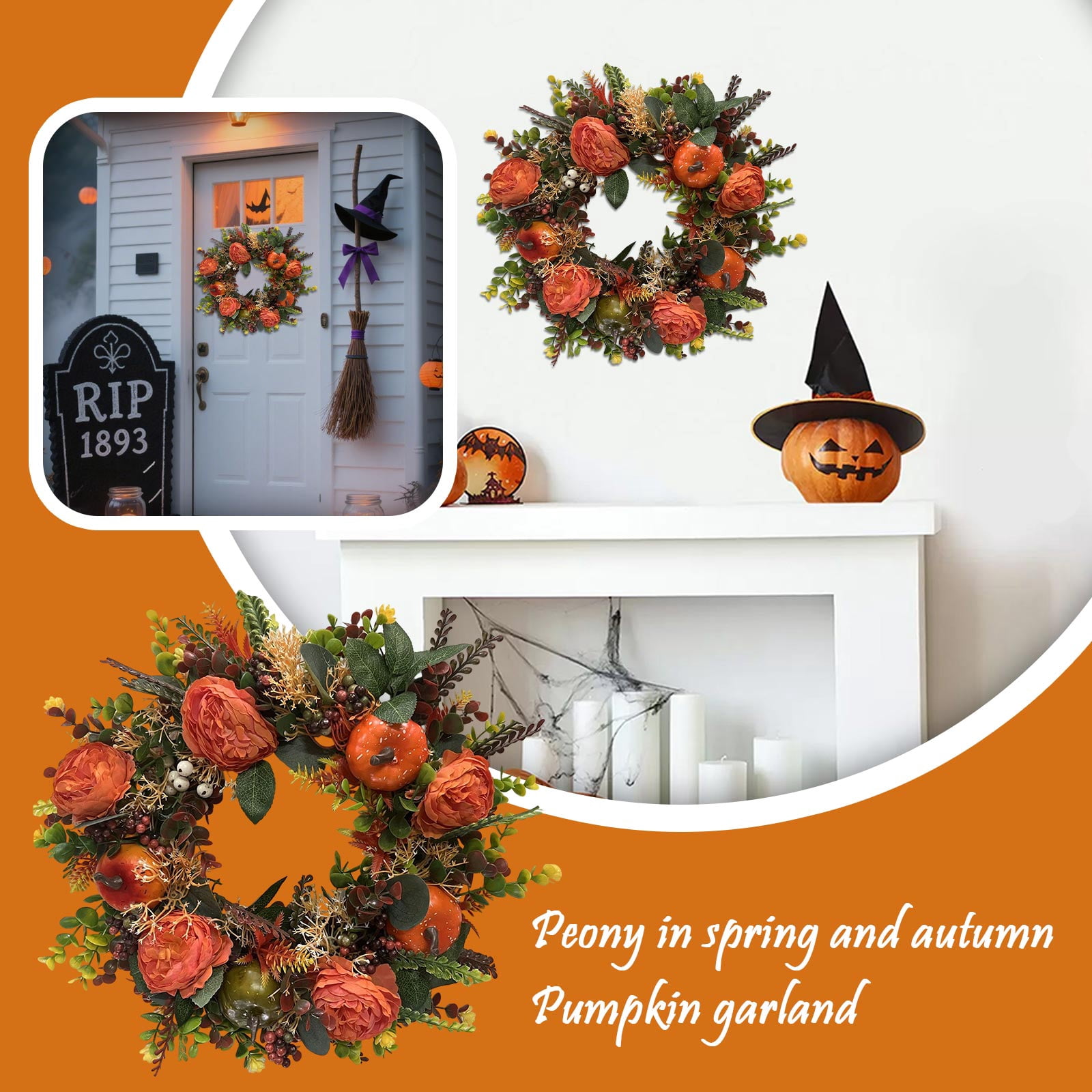 Fall Peony and Pumpkin Wreath - Autumn Year Round Wreaths for Front ...
