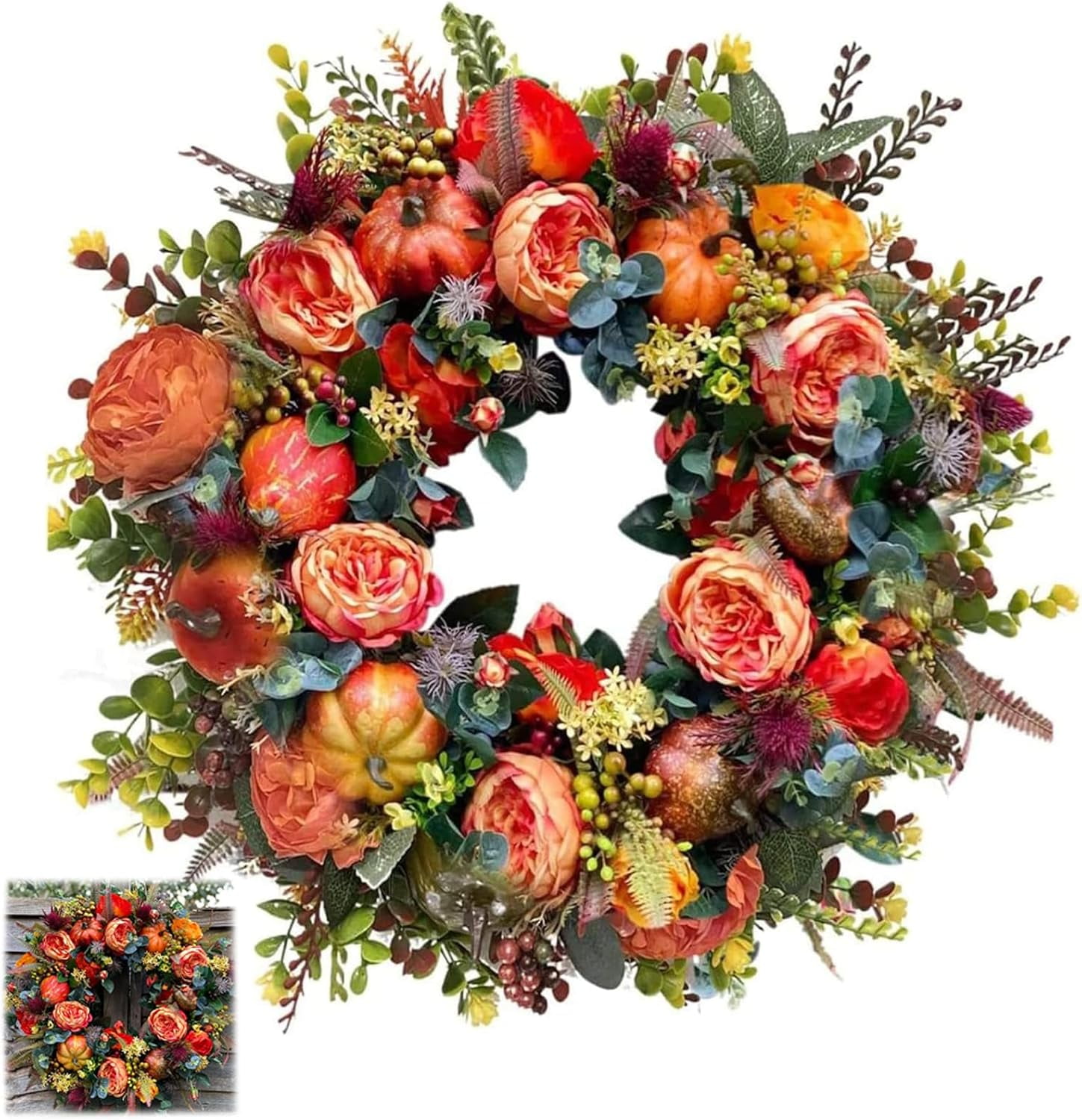 Fall Peony and Pumpkin Wreath - Year Round Wreath, 2025 New Realistic ...