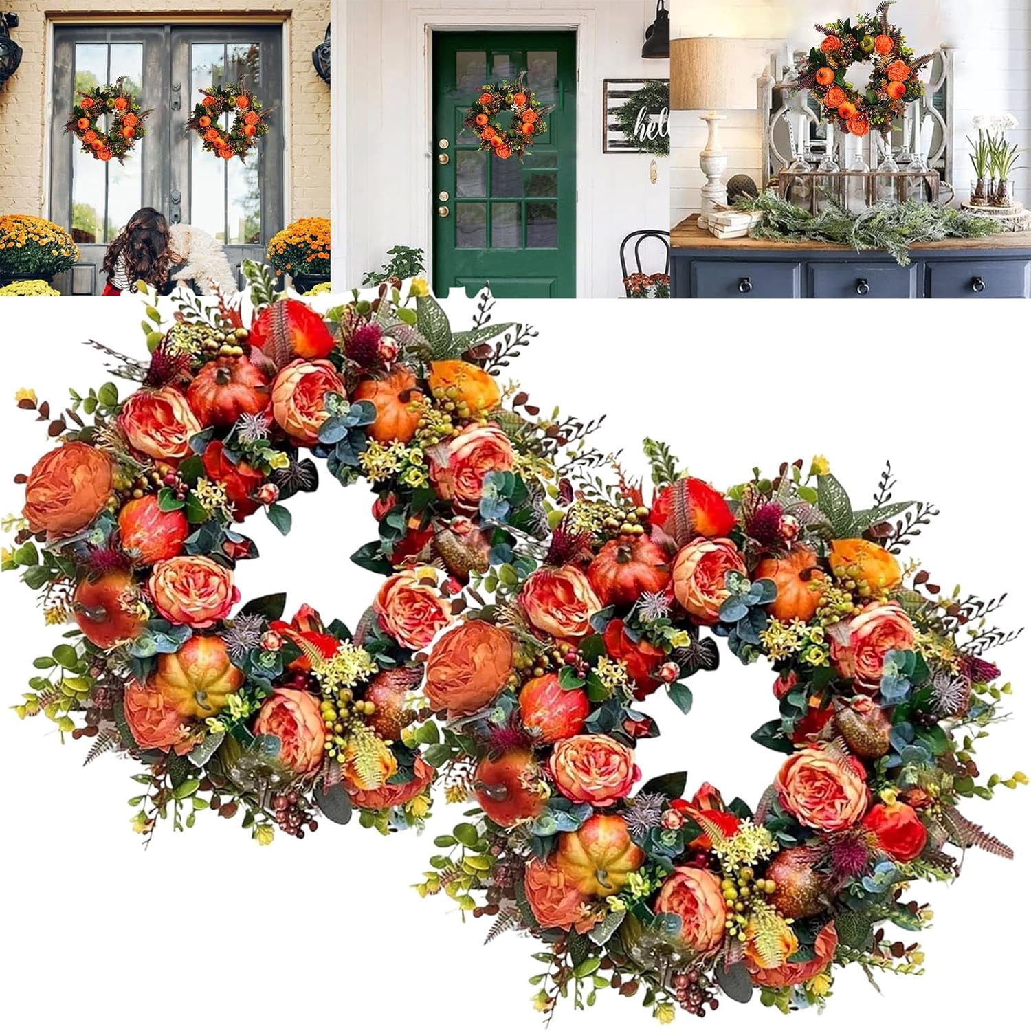 Fall Peony and Pumpkin Wreath - Year Round Wreath, Autumn Wreaths with ...