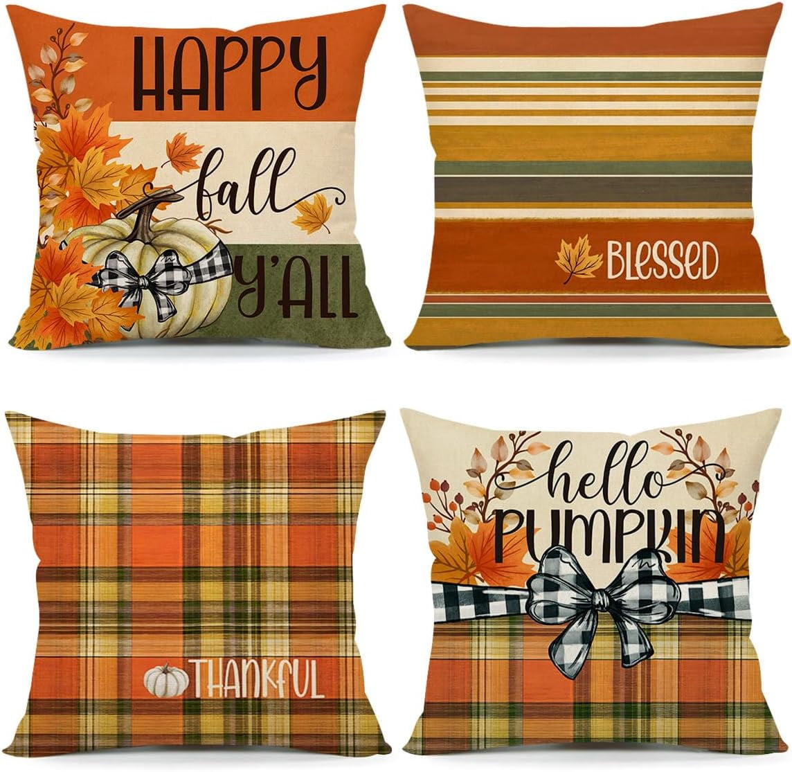 Fall Pillow Covers 16 x 16 Inch Set of 4, Thanksgiving Buffalo Check Farmhouse Decorations White ...