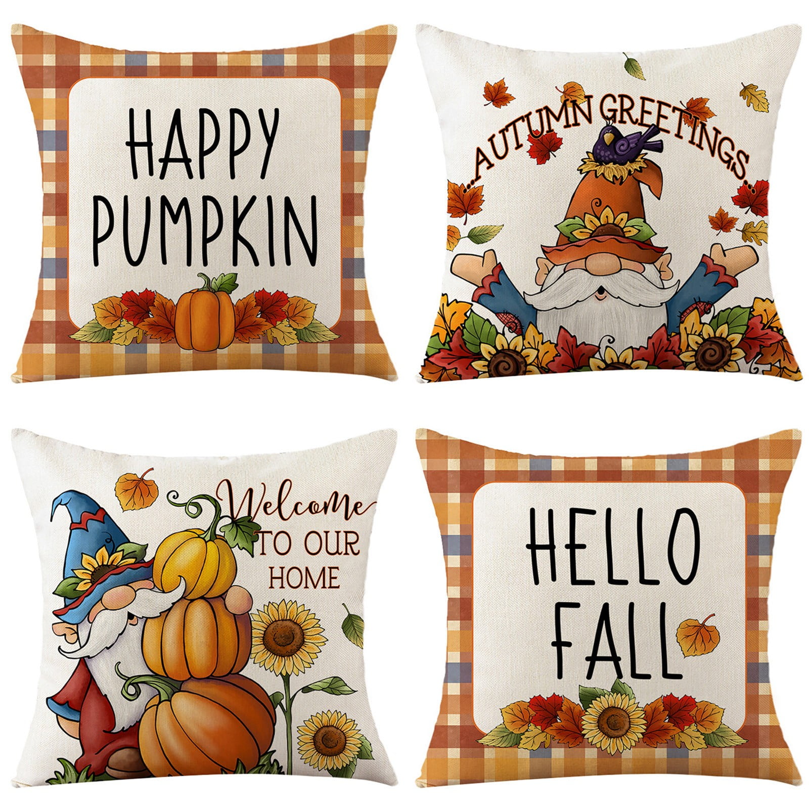 Fall Pillow Covers 18 x 18 Inch Set of 4, Hello Pumpkin Happy Harvest ...