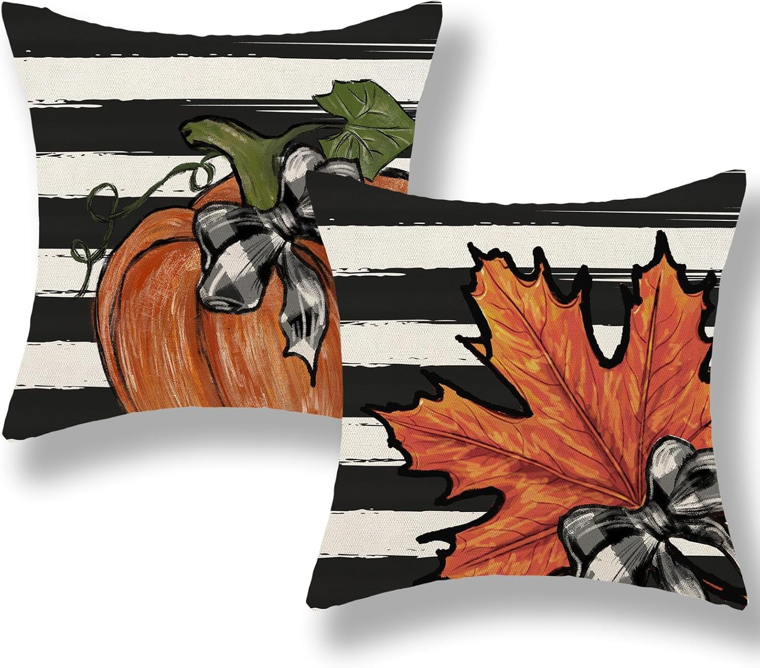 Fall Pillow Covers 18 x 18 Inch Set of 2 Autumn Black Stripes Pumpkin ...
