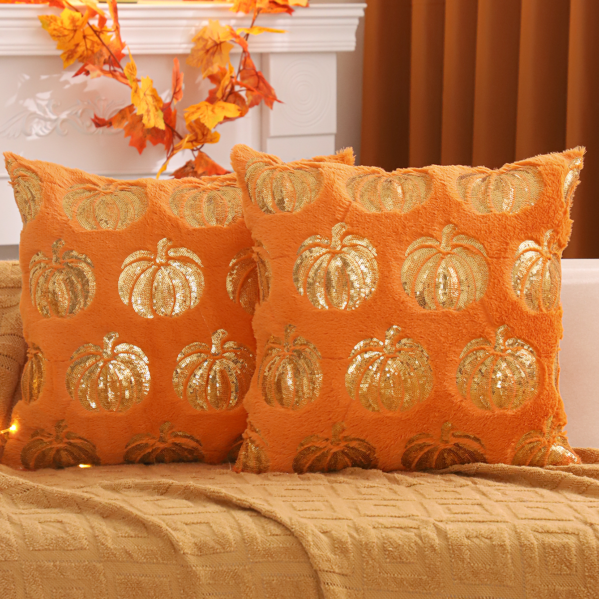 Fall Pillow Covers 18x18 Inch Set Of 2 Orange Sequin Embroidery