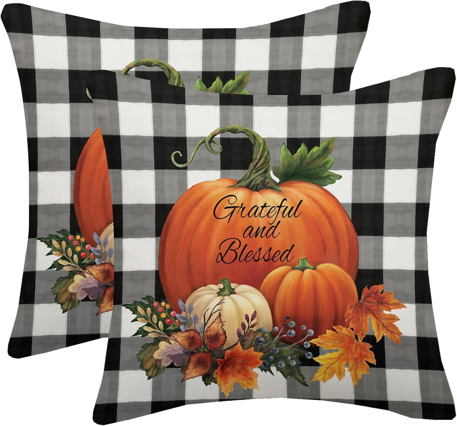 Fall Pillow Covers 18x18 Set of 2, Autumn Watercolor Buffalo Plaid ...