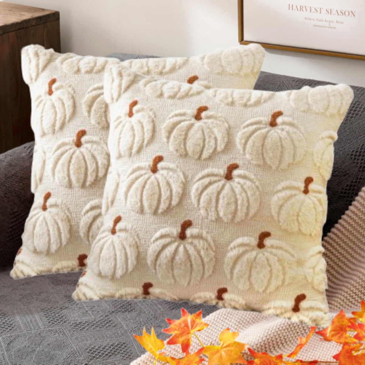 Fall Pillow Covers 18x18 Set of 2 Pumpkin Decorations Autumn Soft Plush Faux Fur Throw Pillow ...