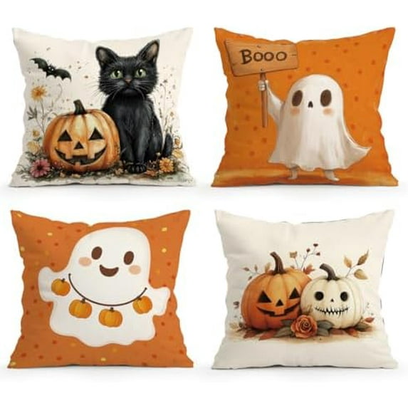 Fall Pillow Covers 18x18 Set of 4, Black Cat Pumpkin and Ghost Harvest ...