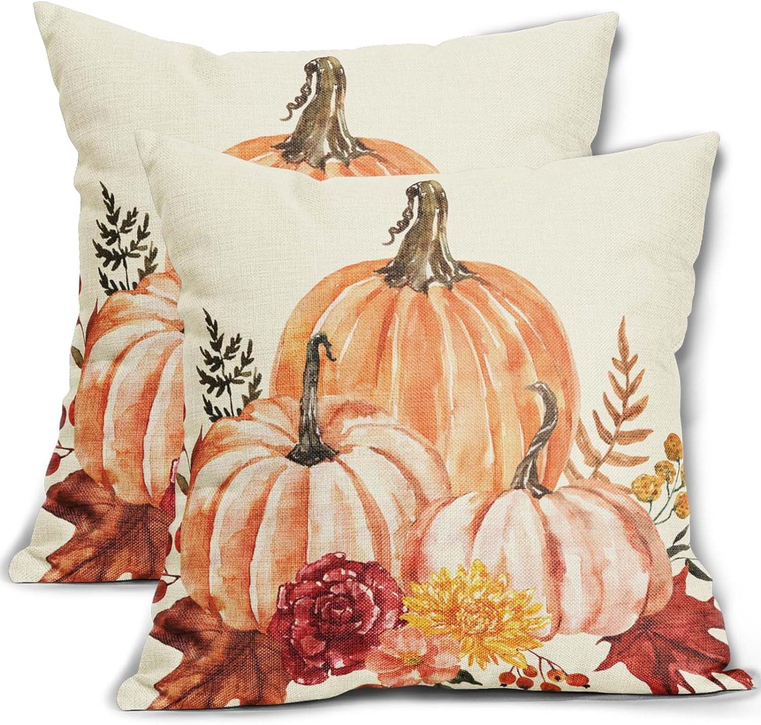 Fall Pillow Covers 20x20 Set of 2 Watercolor Pink Orange Pumpkin Flower ...