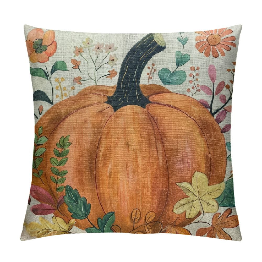 Fall Pillow Covers Autumn Watercolor Orange Pumpkin Leaves Print ...