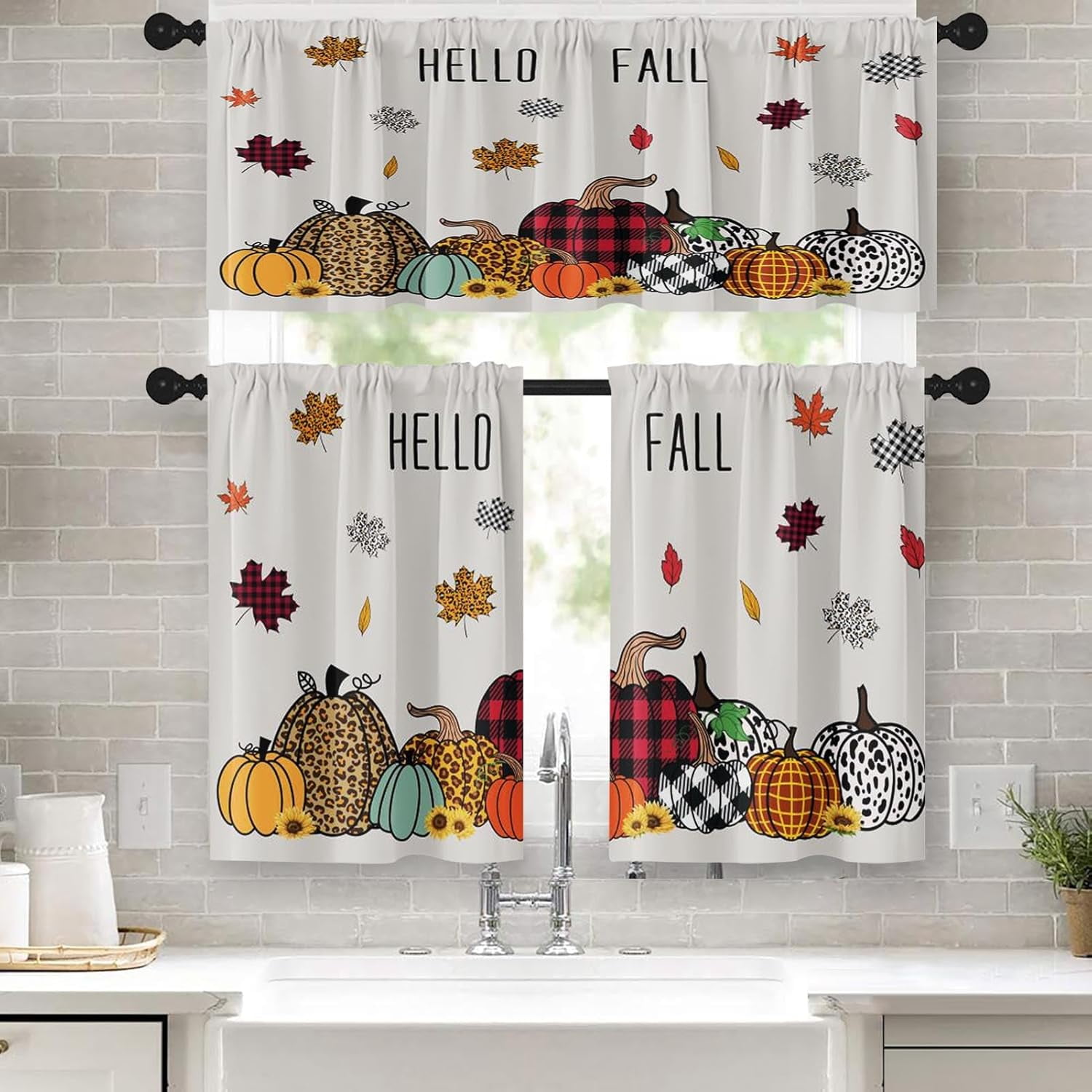 Fall Pimpkin Kitchen Window Curtains Valance and Tier Set 36 Inch ...
