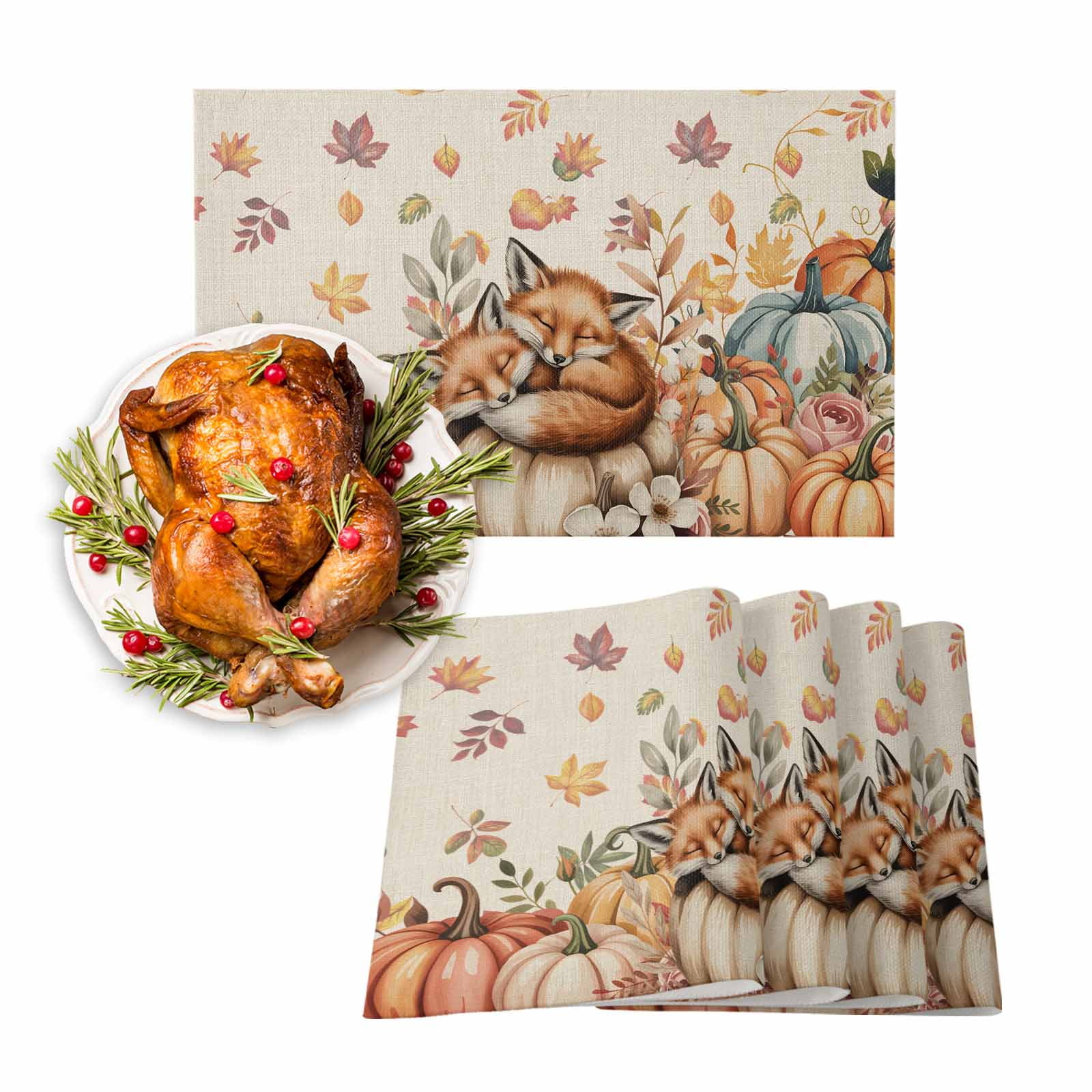 Fall Placemat Animal Fox Thanksgiving Placemats for Dining Table Maple ...