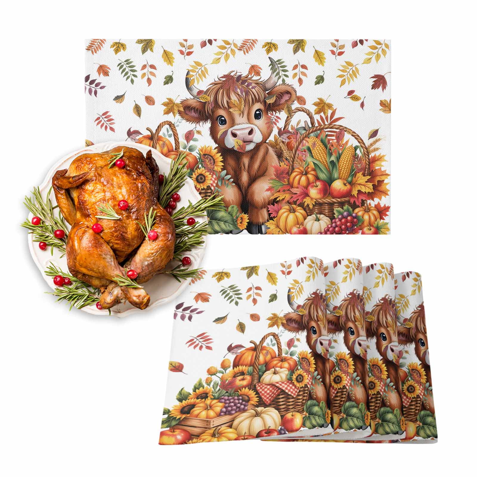 Fall Placemat Cow Highland Cattle Thanksgiving Placemats for Dining Table Pumpkin Maple Leaf ...
