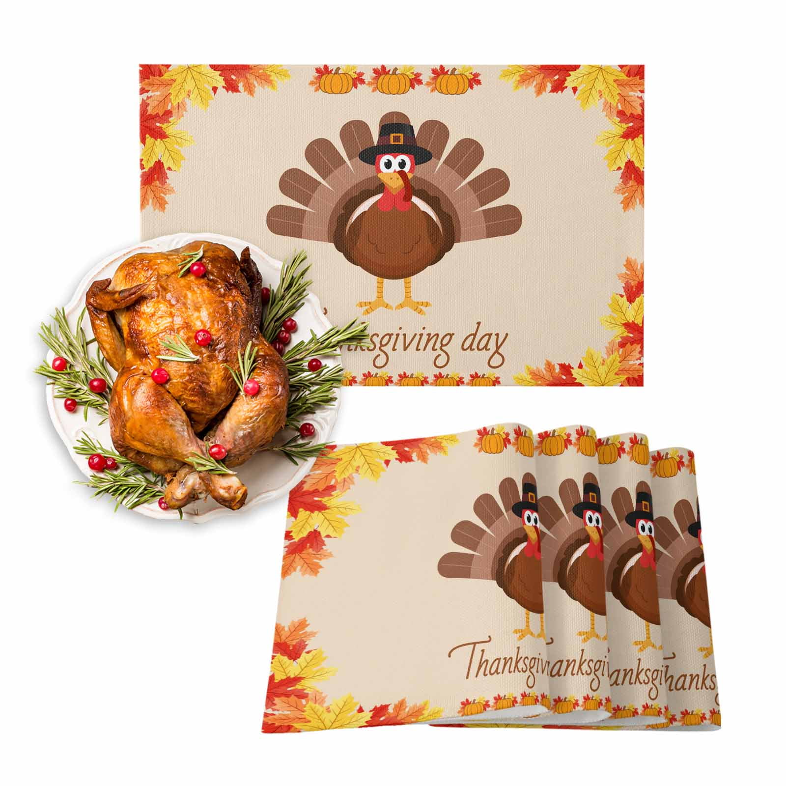 Fall Placemat Turkey Maple Leaves Thanksgiving Placemats for Dining ...