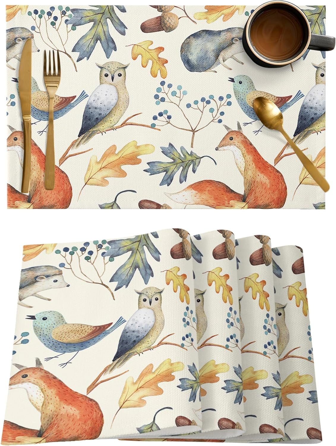 Fall Placemats for Dining Table Set of 6, Autumn Animal Place Mats Owl ...