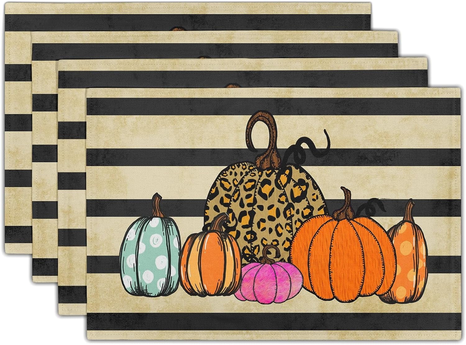 Fall Placemats Set of 4- Autumn Colorful Pumpkin Place Mat with Leopard ...