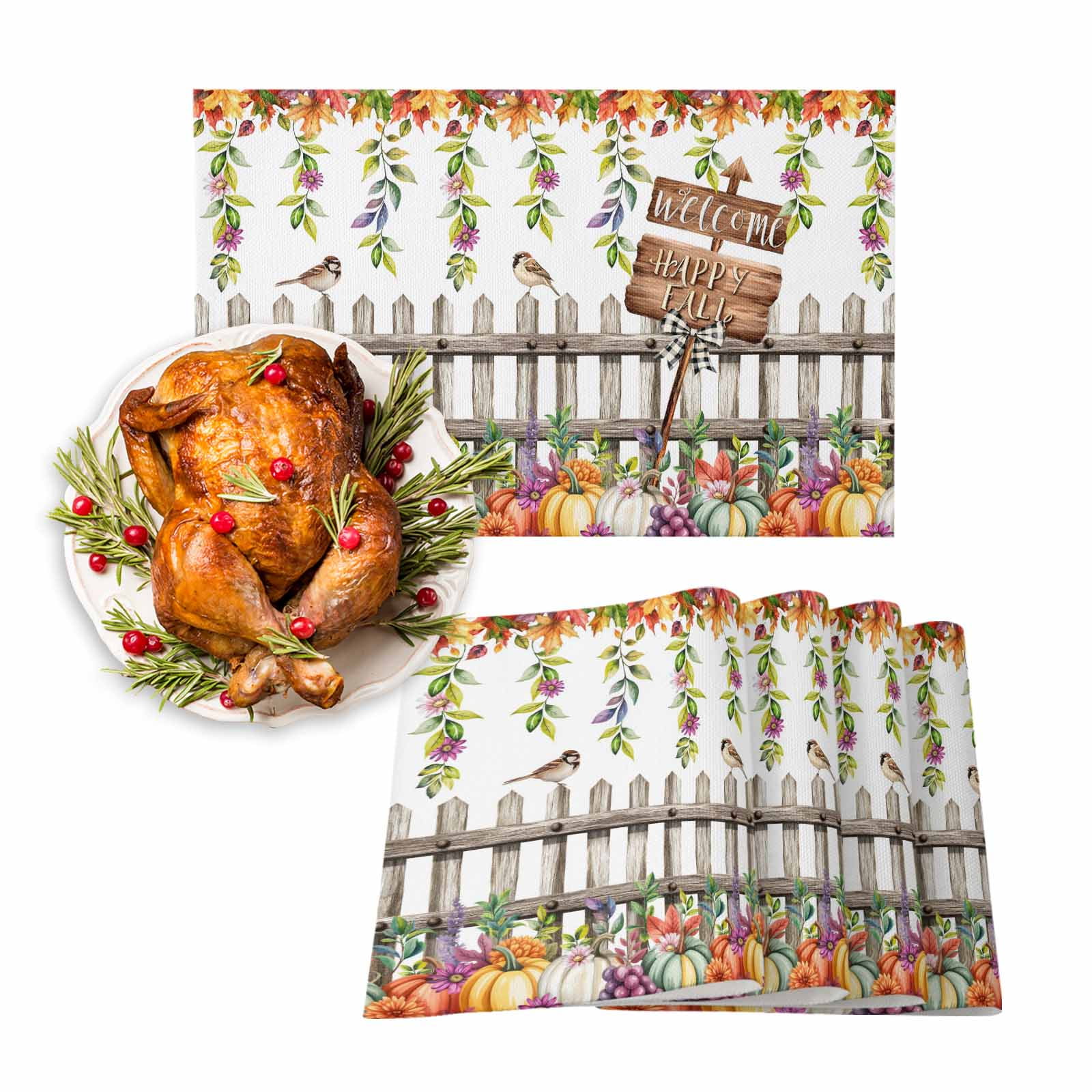 Fall Placemats Set of 4 Pumpkin Fence Place Mats Thanksgiving Placemat ...