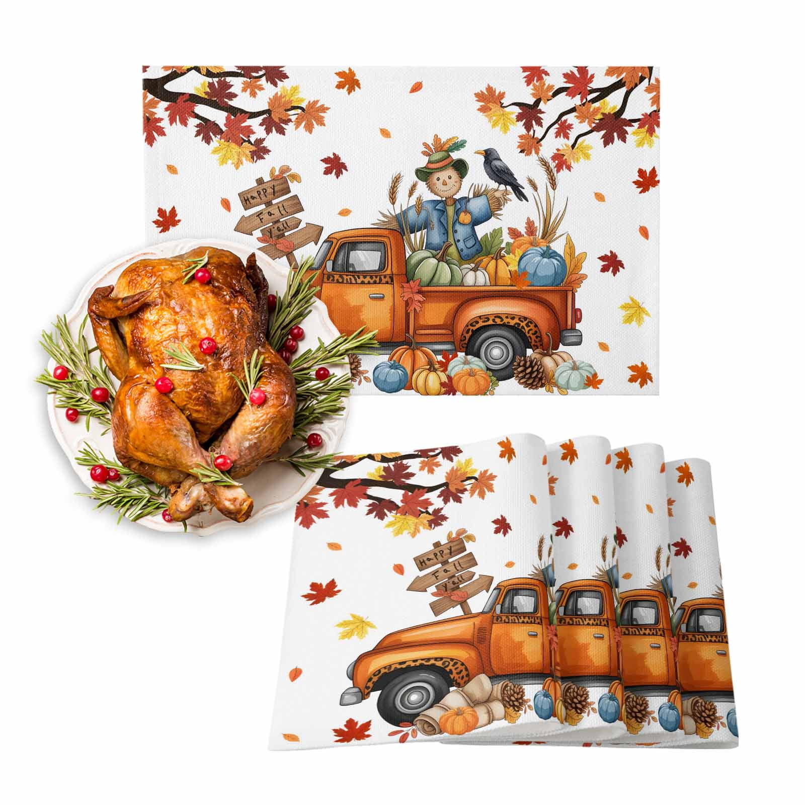 Fall Placemats Set of 4 Scarecrows Pumpkin Truck Place Mats Thanksgiving Placemat Autumn Fallen ...