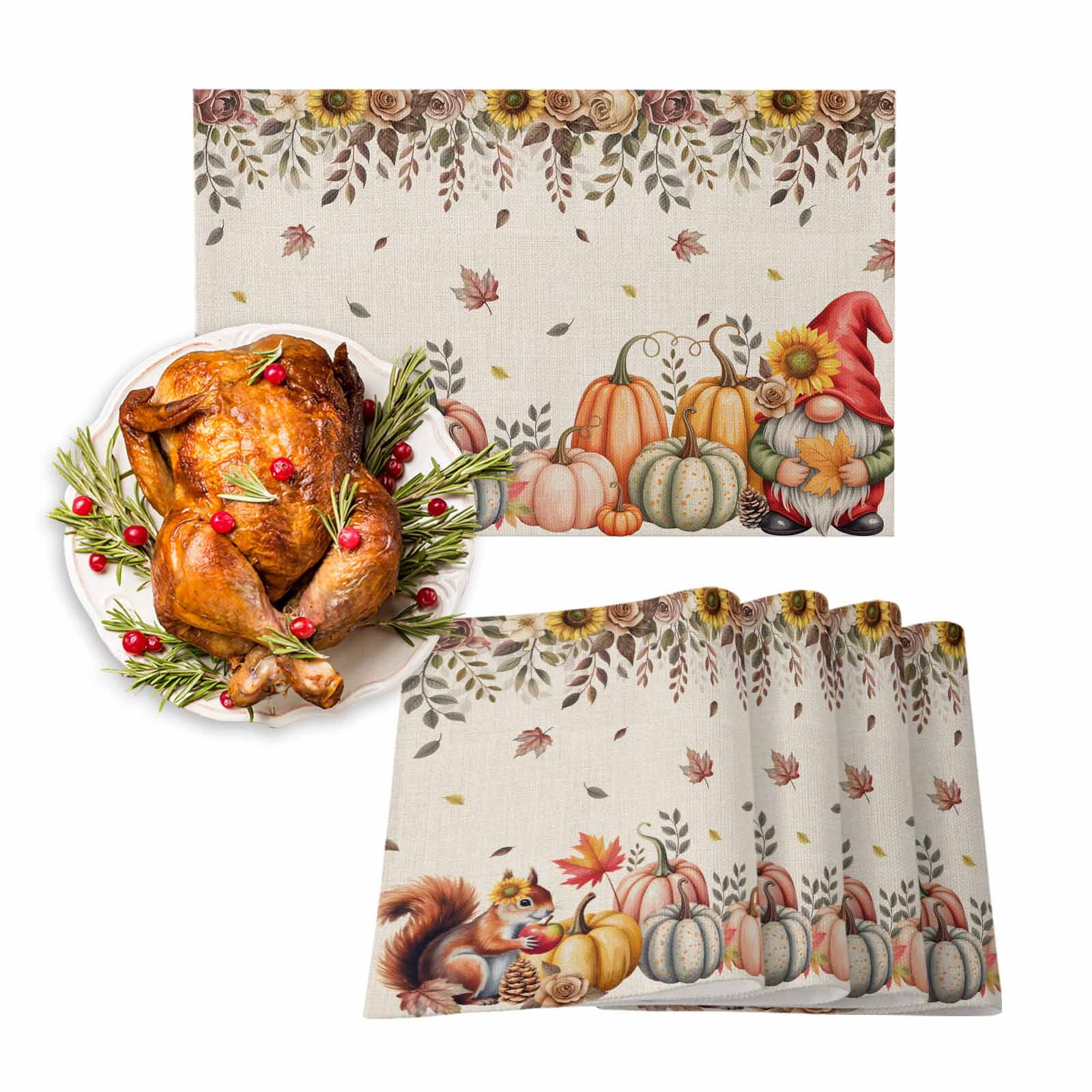 Fall Placemats Set of 4 Squirrel Gnome Place Mats Thanksgiving Placemat ...