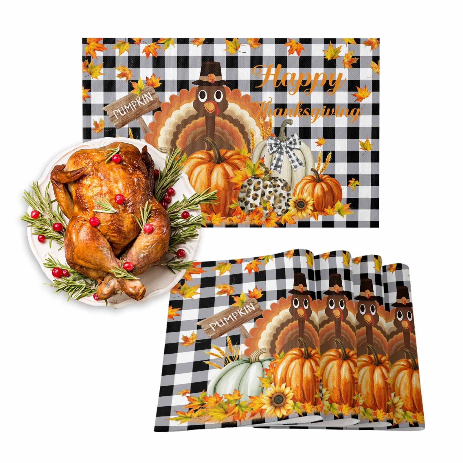 Fall Placemats Set of 4 Turkey Pumpkin Place Mats Thanksgiving Placemat ...