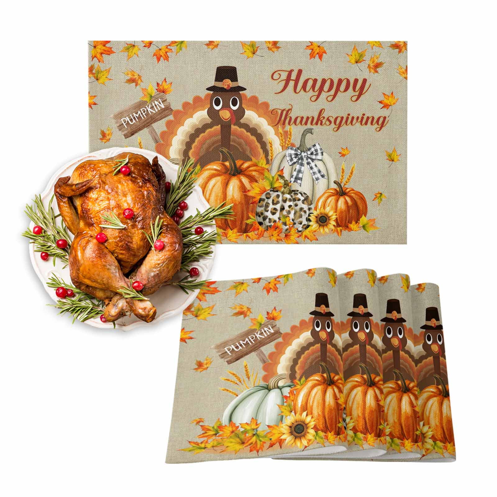 Fall Placemats Set of 4 Turkey Pumpkin Place Mats Thanksgiving Placemat ...