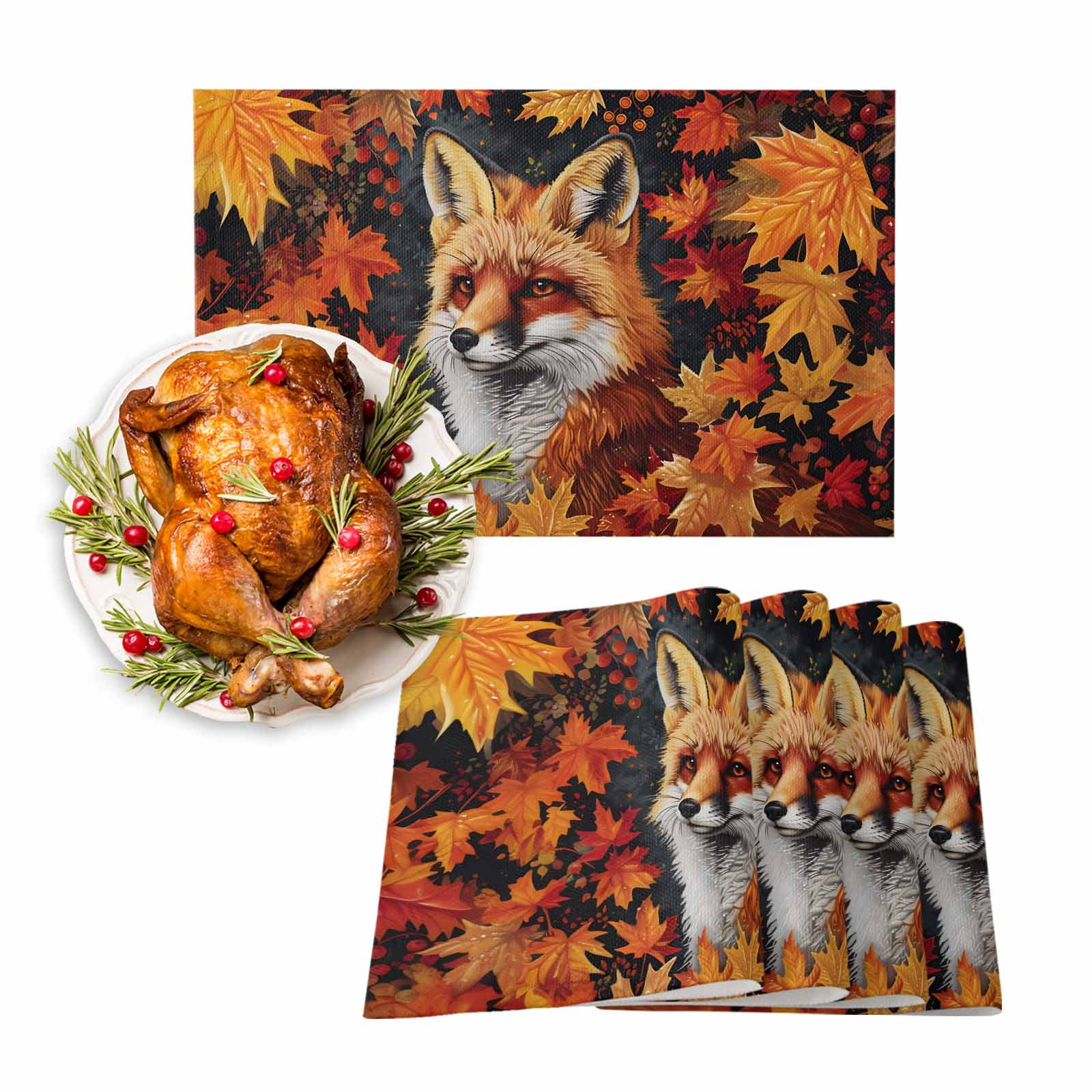 Fall Placemats Set of 6 Fox Place Mats Thanksgiving Placemat Orange ...
