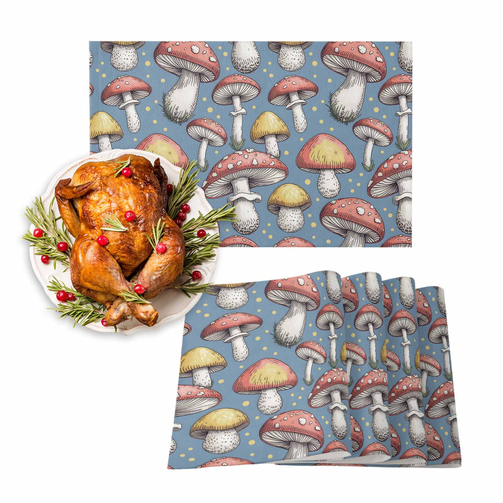 Fall Placemats Set of 6 Mushroom Place Mats Thanksgiving Placemat Blue ...