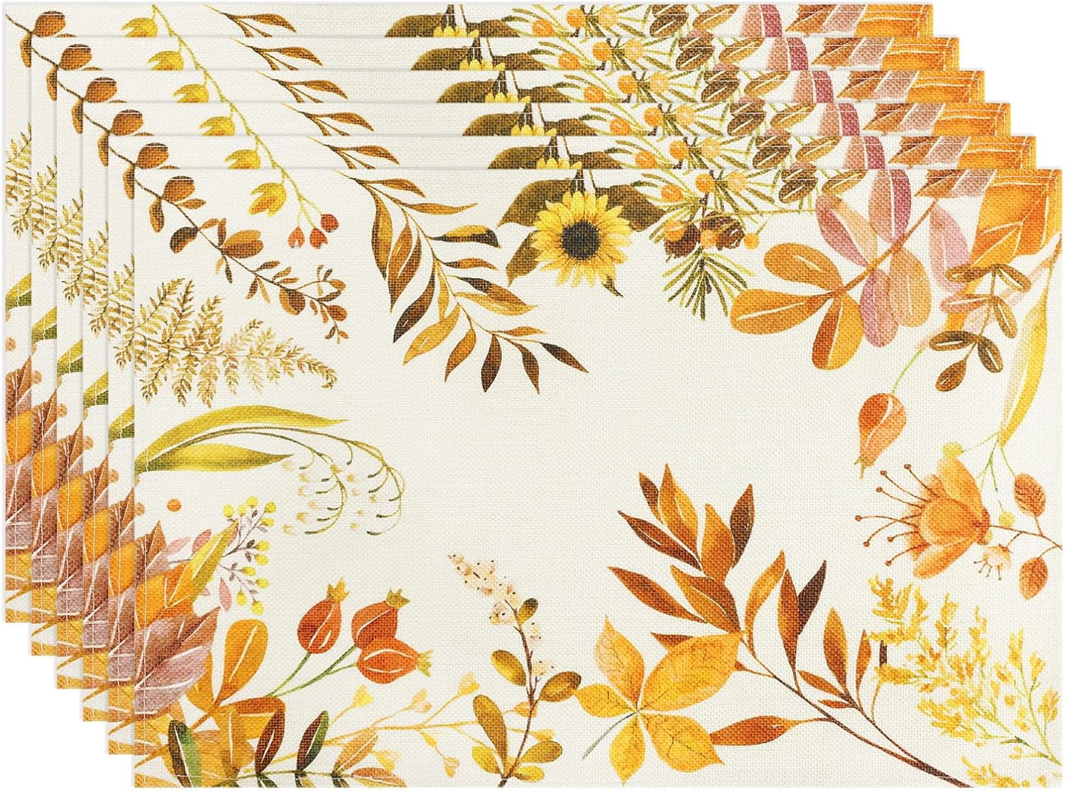 Fall Placemats Set of 6 Orange Maple Leaf Flowers Harvest Farmhouse ...