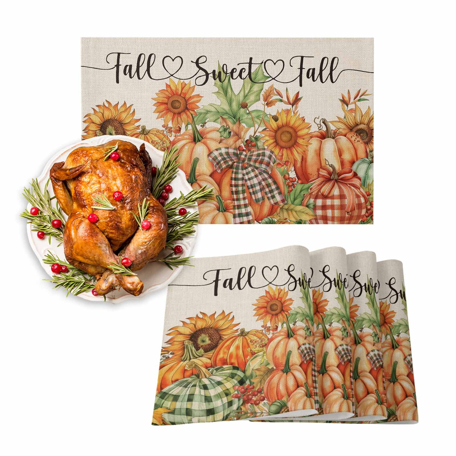 Fall Placemats Set of 6 Plaid Pumpkin Sunflower Place Mats Thanksgiving ...